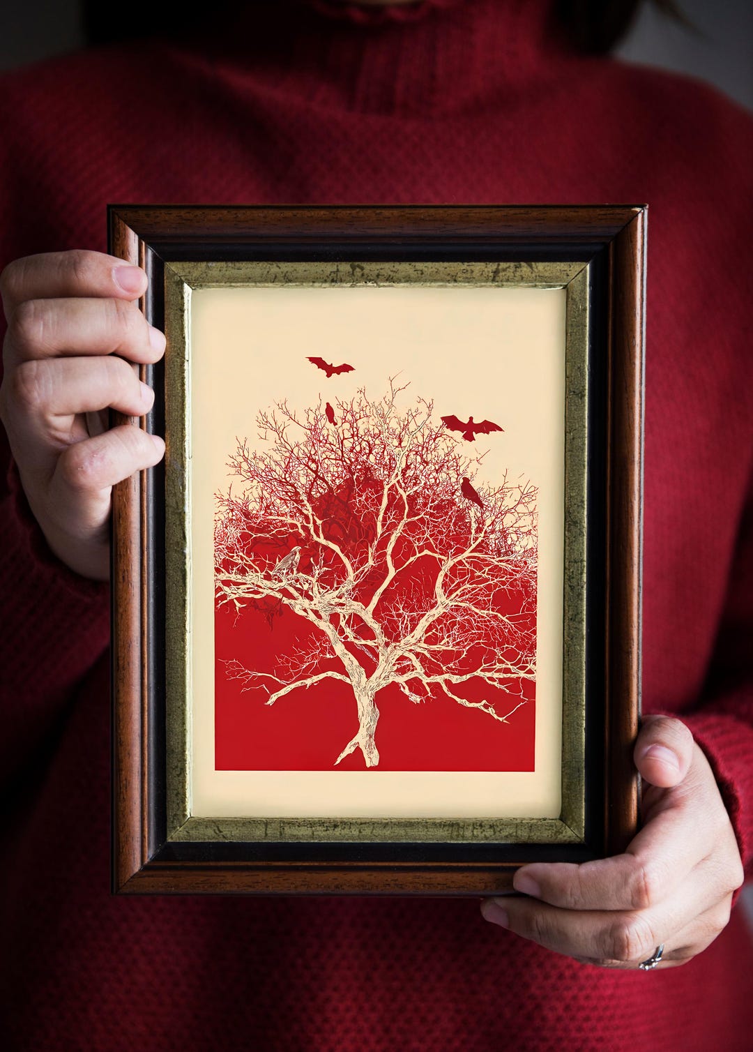Gothic Raven & Bat Tree Print: Crimson Halloween Art (digital Download ...