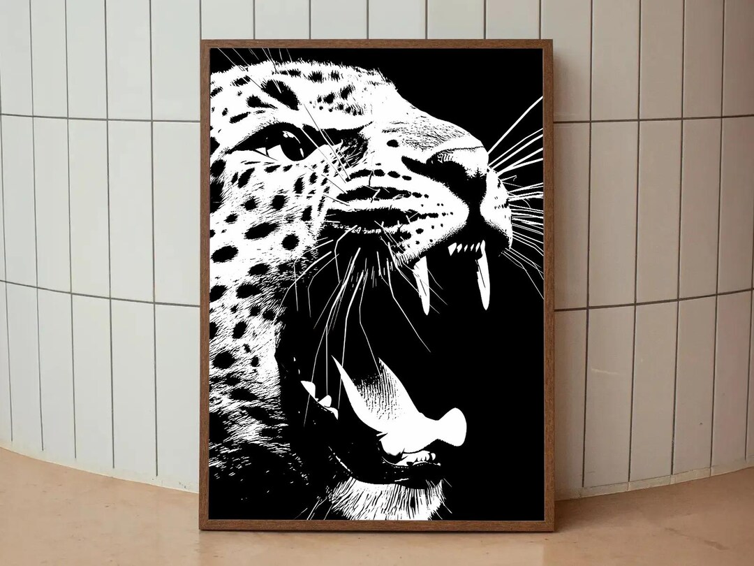 Roaring Leopard Stippling Art Print: Black and White Safari Decor ...