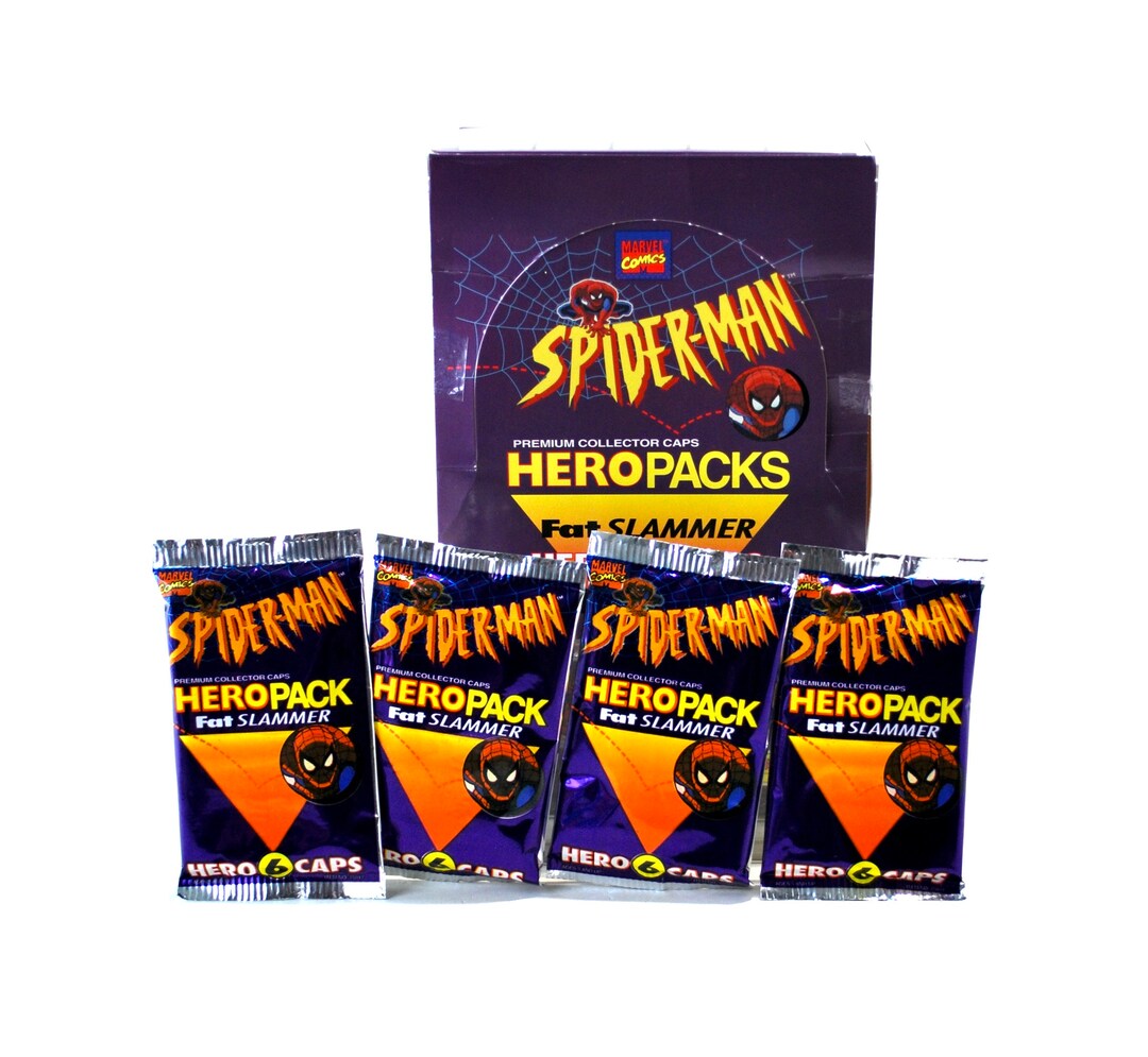 2 Packs of Marvel Spider Man Hero Caps & Fat Slammer 1994 Pogs Avengers ...