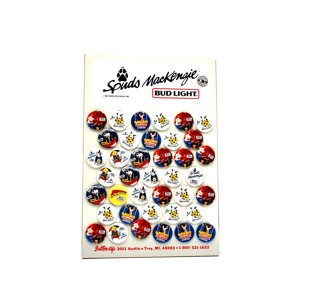 Spuds Mackenzie Bud Light Pin Back Button 1987 Old Stock Pick Your ...