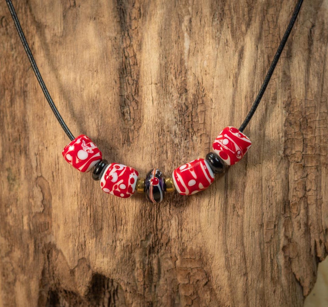 Viking Blood Bead Necklace | Handcrafted Lampworked Glass | Red & White ...