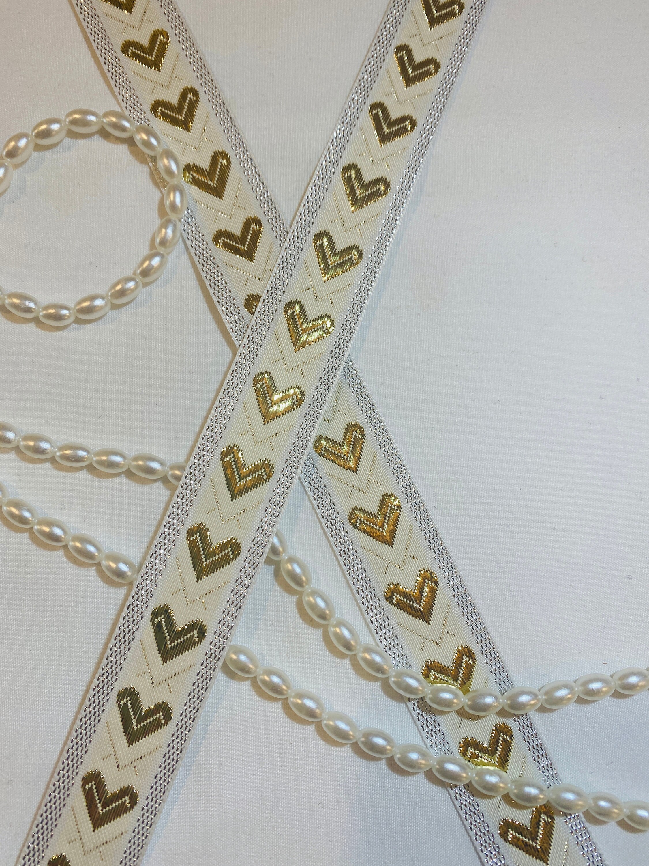 2 yard WHITE embroidered ribbon with SILVER edged and GOLD | Etsy