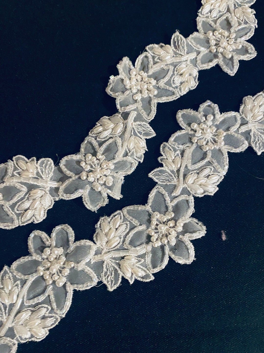 1 1/2 Yard Vintage Venise White Flower Lace Ribbon With Pearls and ...