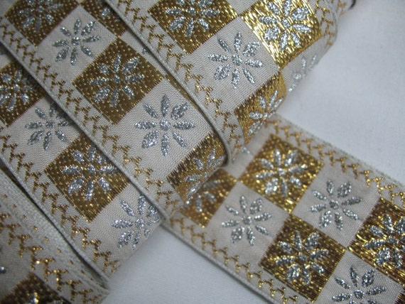 Stunning White Embroidered in Gold and Silver Flowers Ribbon | Etsy