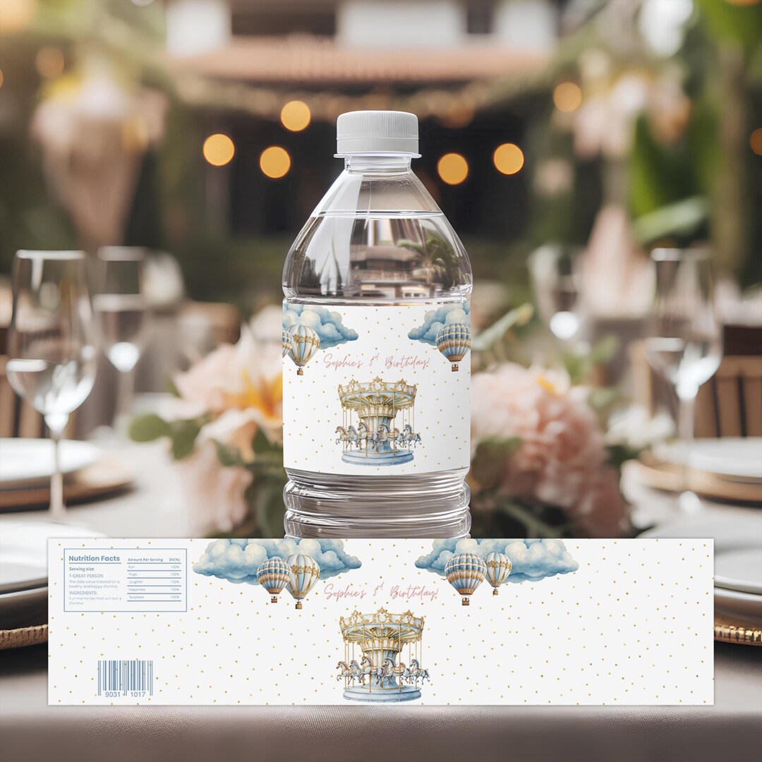 Vintage Carousel Birthday Water Bottle Wrapper: Blue and Gold ...