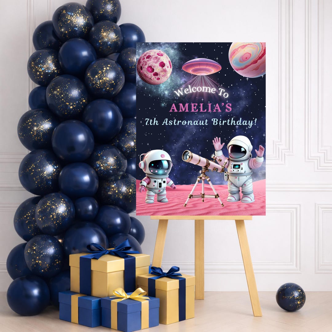 Astronaut Birthday Welcome Sign, Pink Space Theme Party – Galaxy Decor ...