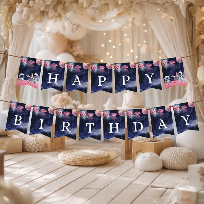 Astronaut Happy Birthday Banner, Pink Space Theme Party – Galaxy Decor ...