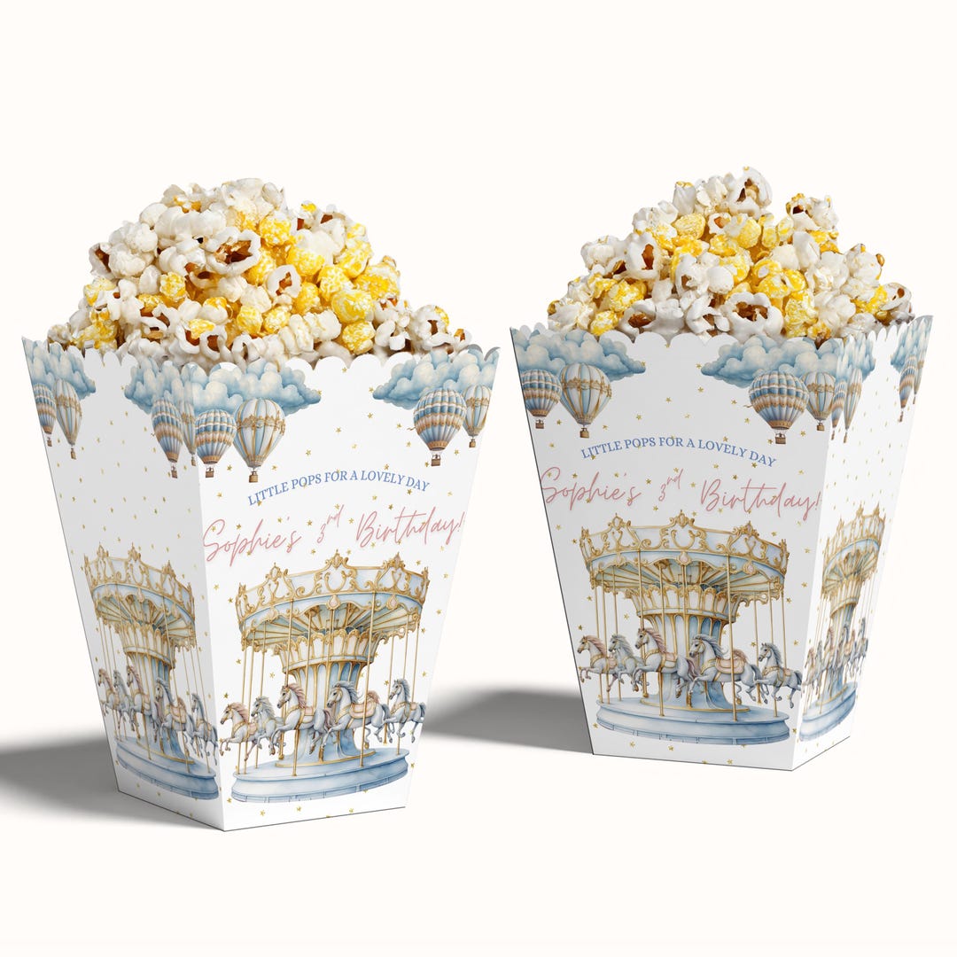Vintage Carousel Birthday Popcorn Box: Blue and Gold Fairground Theme ...