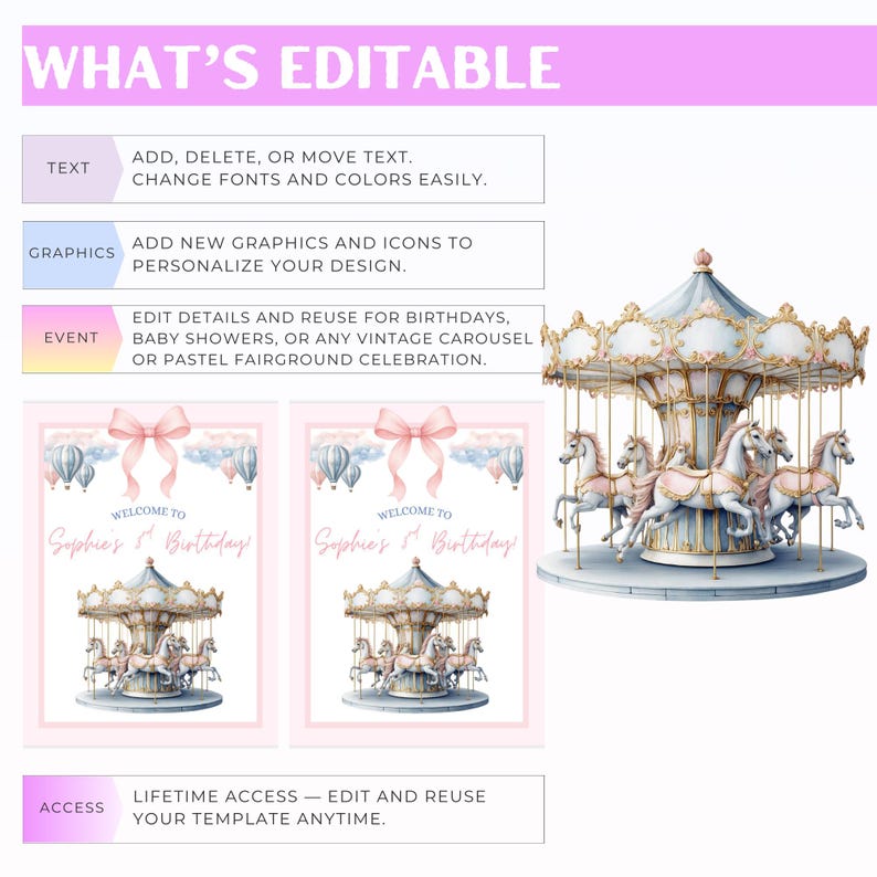 Carousel Birthday Welcome Sign: Pink Carousel Theme Party Decorations ...