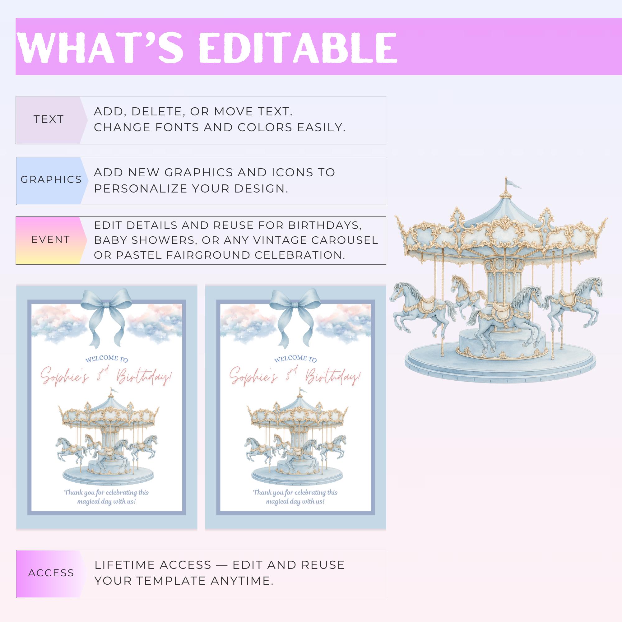 Carousel Birthday Welcome Sign: Blue Carousel Theme Party Decorations ...