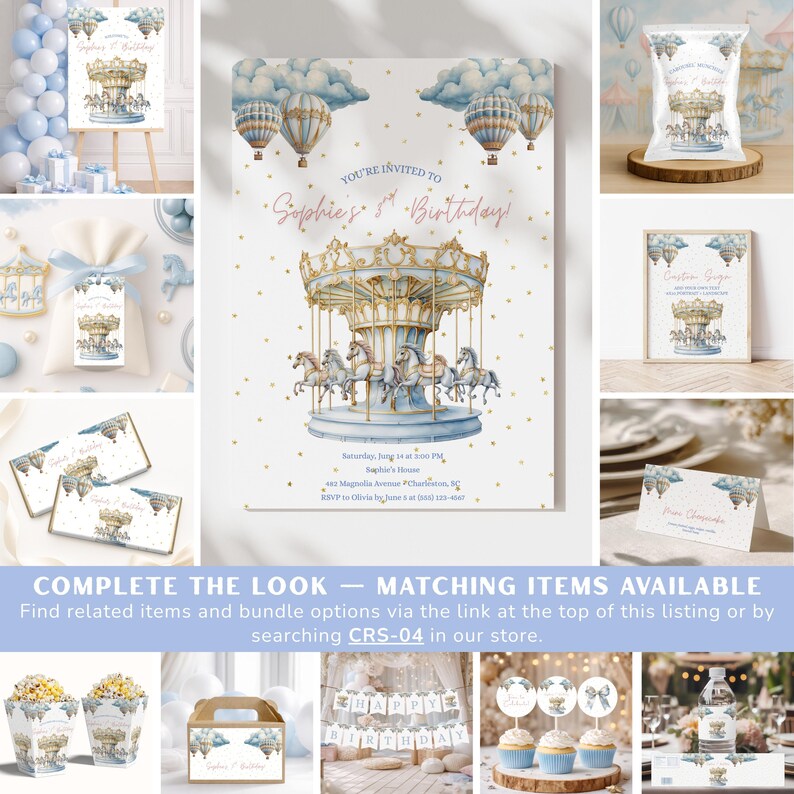 Vintage Carousel Birthday Popcorn Box: Blue and Gold Fairground Theme ...