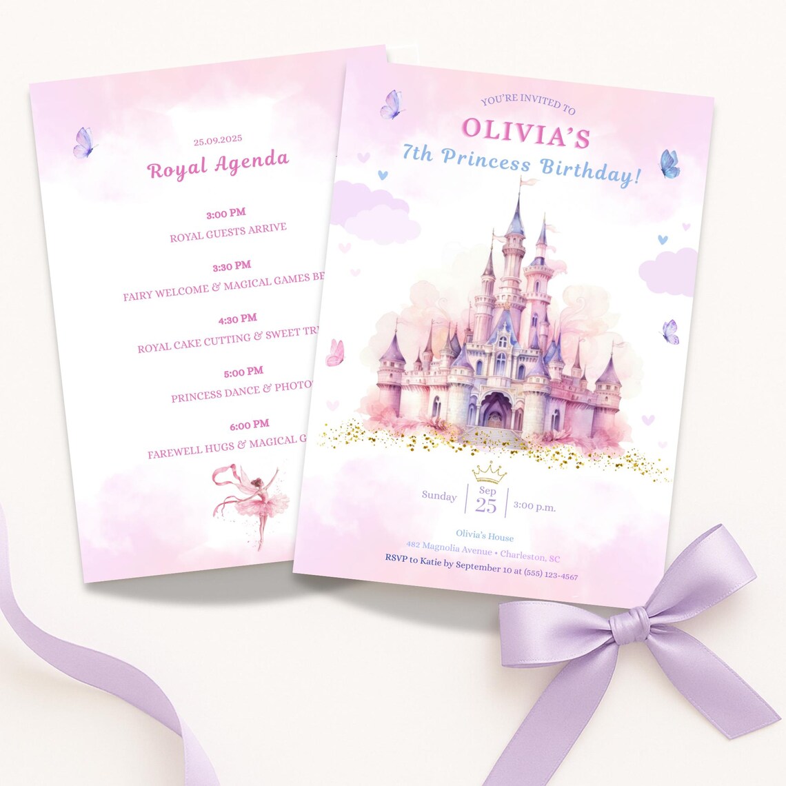 Princess Birthday Invitation With Party Schedule: Pink Castle Party ...