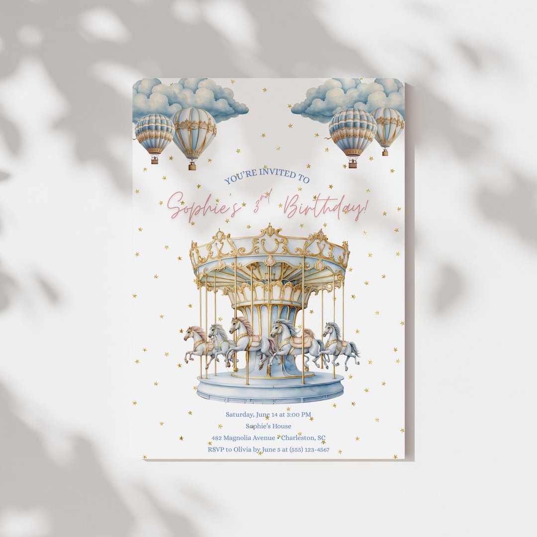 Vintage Carousel Birthday Invitation – Blue & Gold Fairground Theme ...