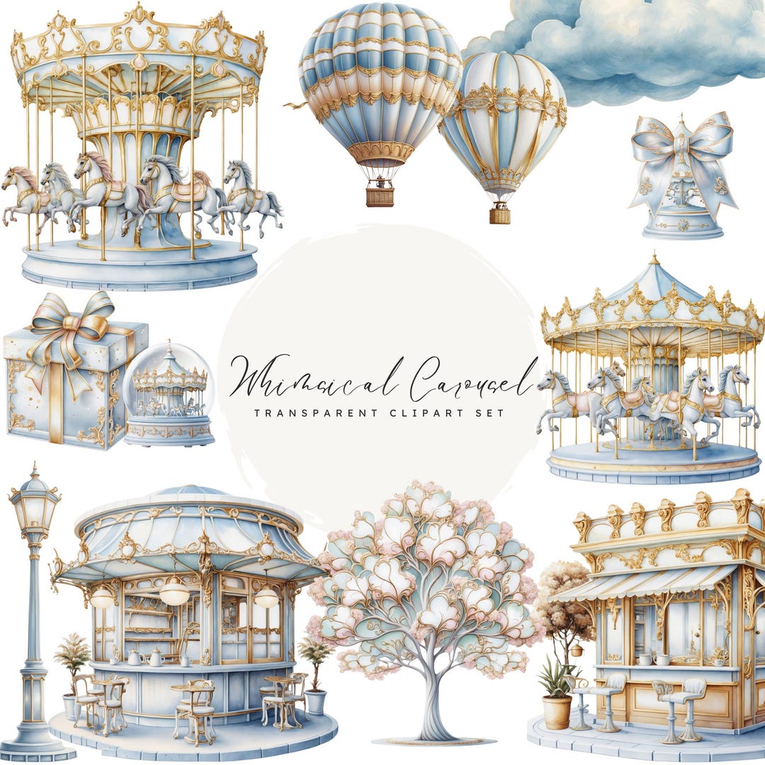 Vintage Carousel Watercolor Clipart Set – 55 PNG Bundle, Pastel Circus ...