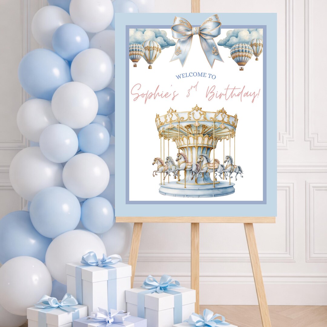 Carousel Birthday Welcome Sign: Blue Carousel Theme Party Decorations ...