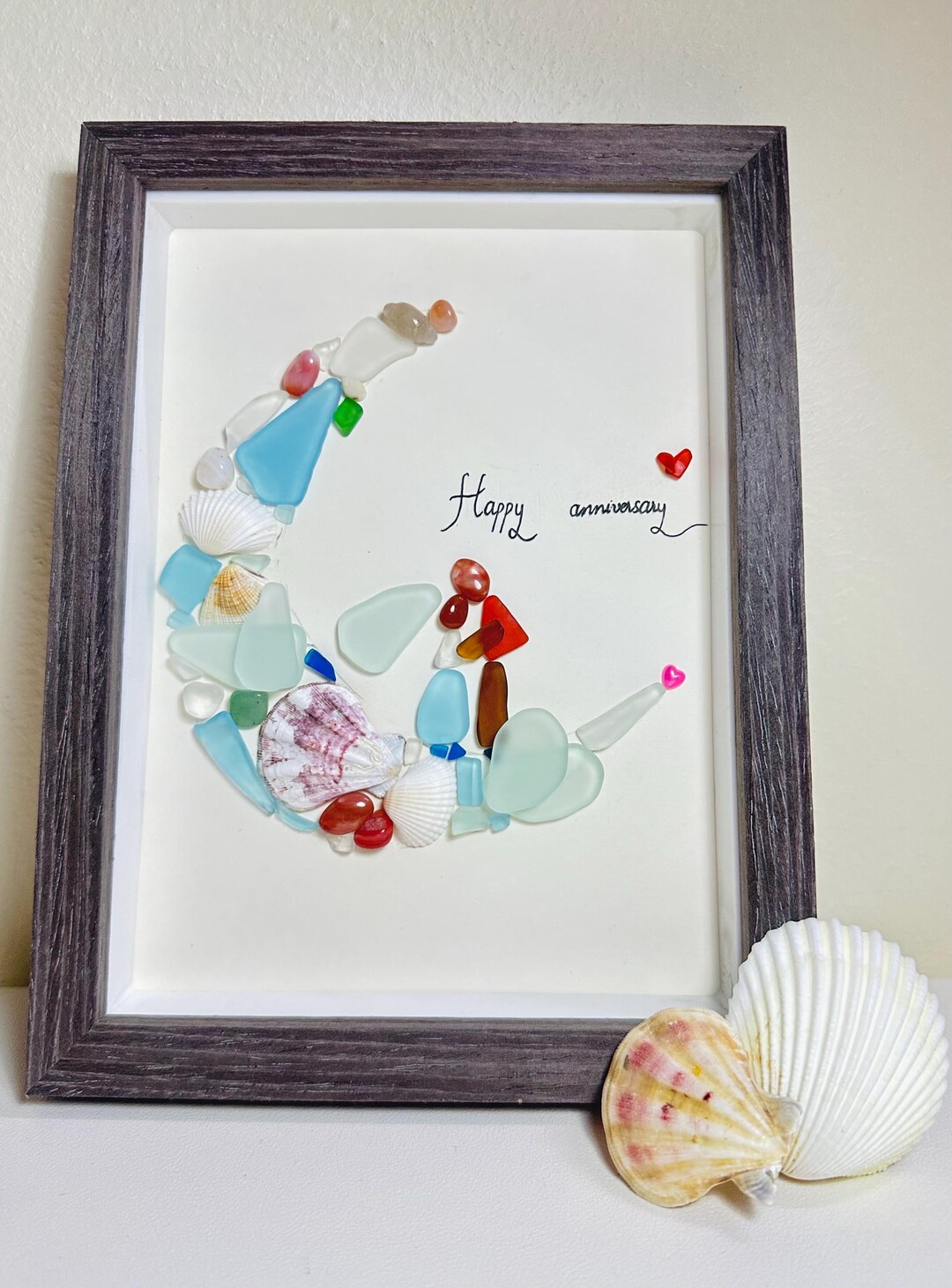 Sea Glass Anniversary Art: Couple on Moon, Shells & Pebbles - Coastal ...