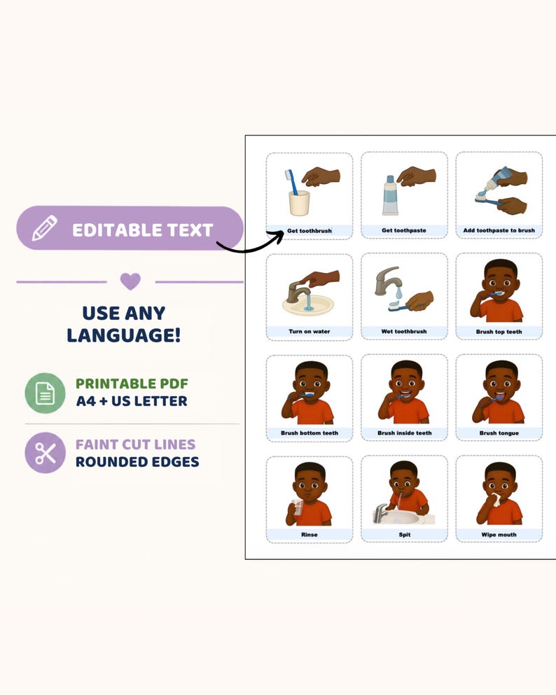 Tooth Brushing Routine Chart for Kids, Editable Visual Schedule Cards ...