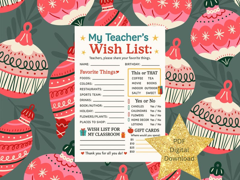 Teacher Holiday Wish List Printable | Classroom Gift Ideas (PDF) - Etsy
