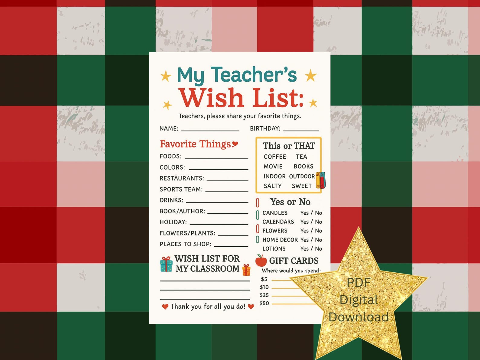 Teacher Holiday Wish List Printable | Classroom Gift Ideas (PDF) - Etsy
