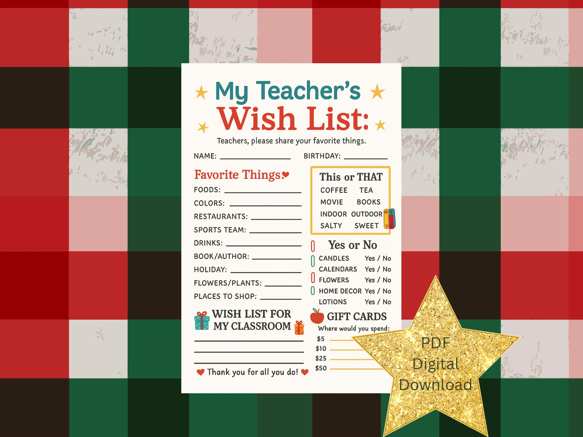 Teacher Holiday Wish List Printable | Classroom Gift Ideas (PDF) - Etsy