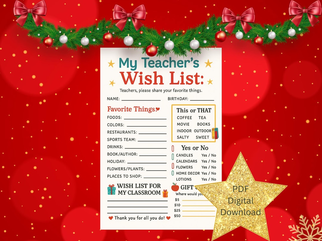 Teacher Holiday Wish List Printable | Classroom Gift Ideas (PDF) - Etsy
