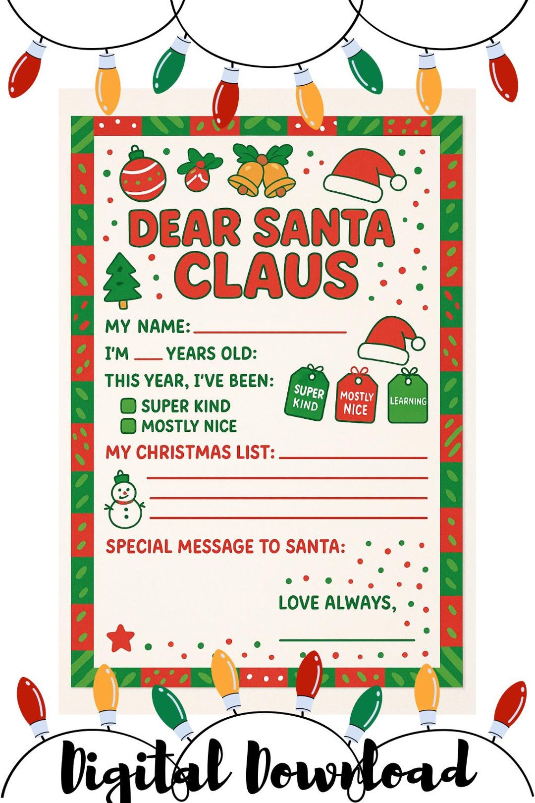 Letter to Santa Printable: Kids Christmas Wish List (PDF Download) - Etsy