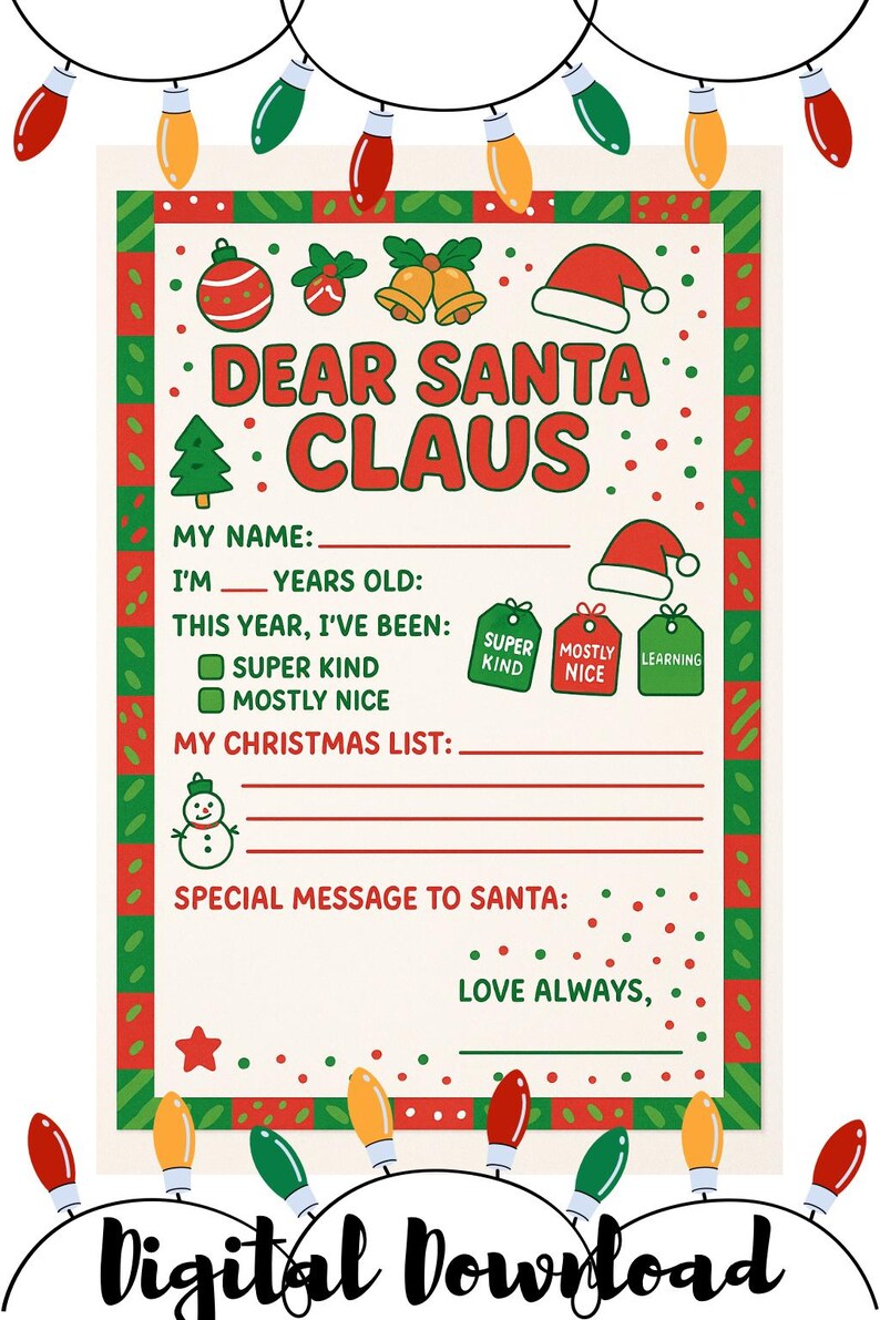 Letter to Santa Printable: Kids Christmas Wish List (PDF Download) - Etsy