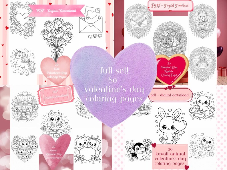 Valentine's Day Coloring Pages | Kawaii Animals & Mandalas (80 Page ...
