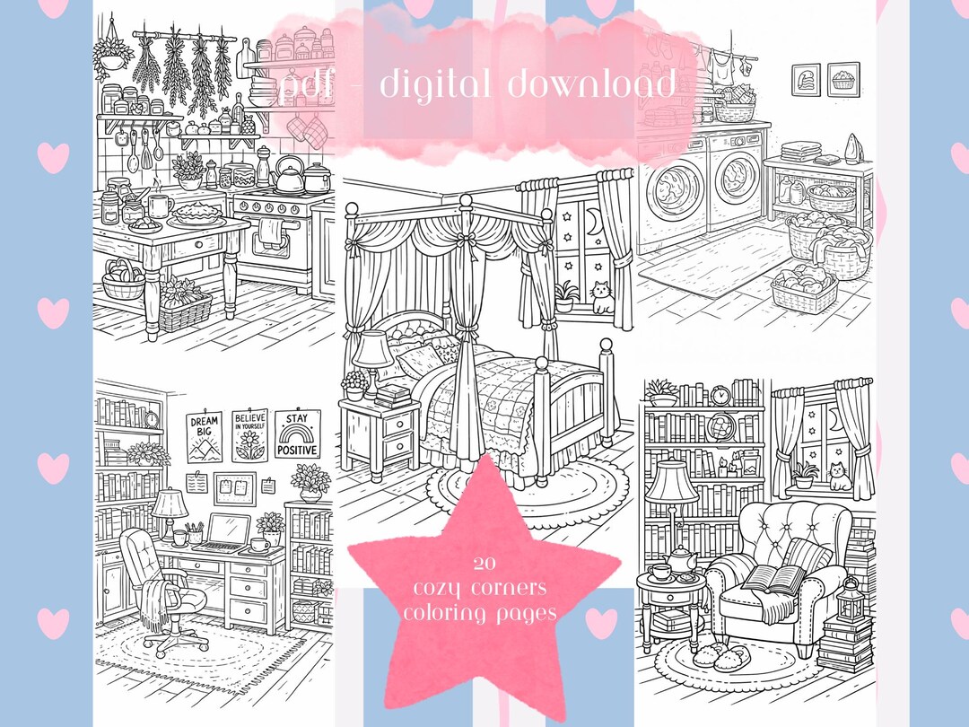 Cozy Home Coloring Pages | Relaxing Nooks Line Art (digital Download ...