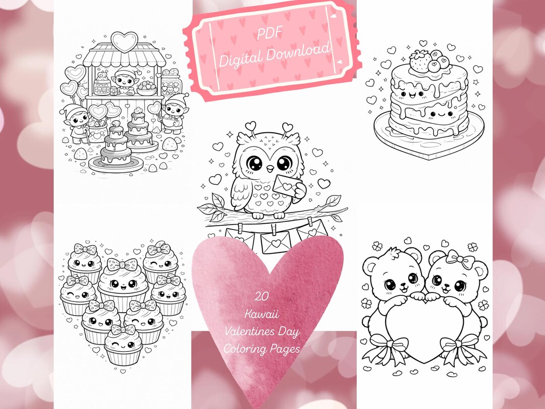 Kawaii Valentine's Day Coloring Book, Animals, Hearts (digital Download ...