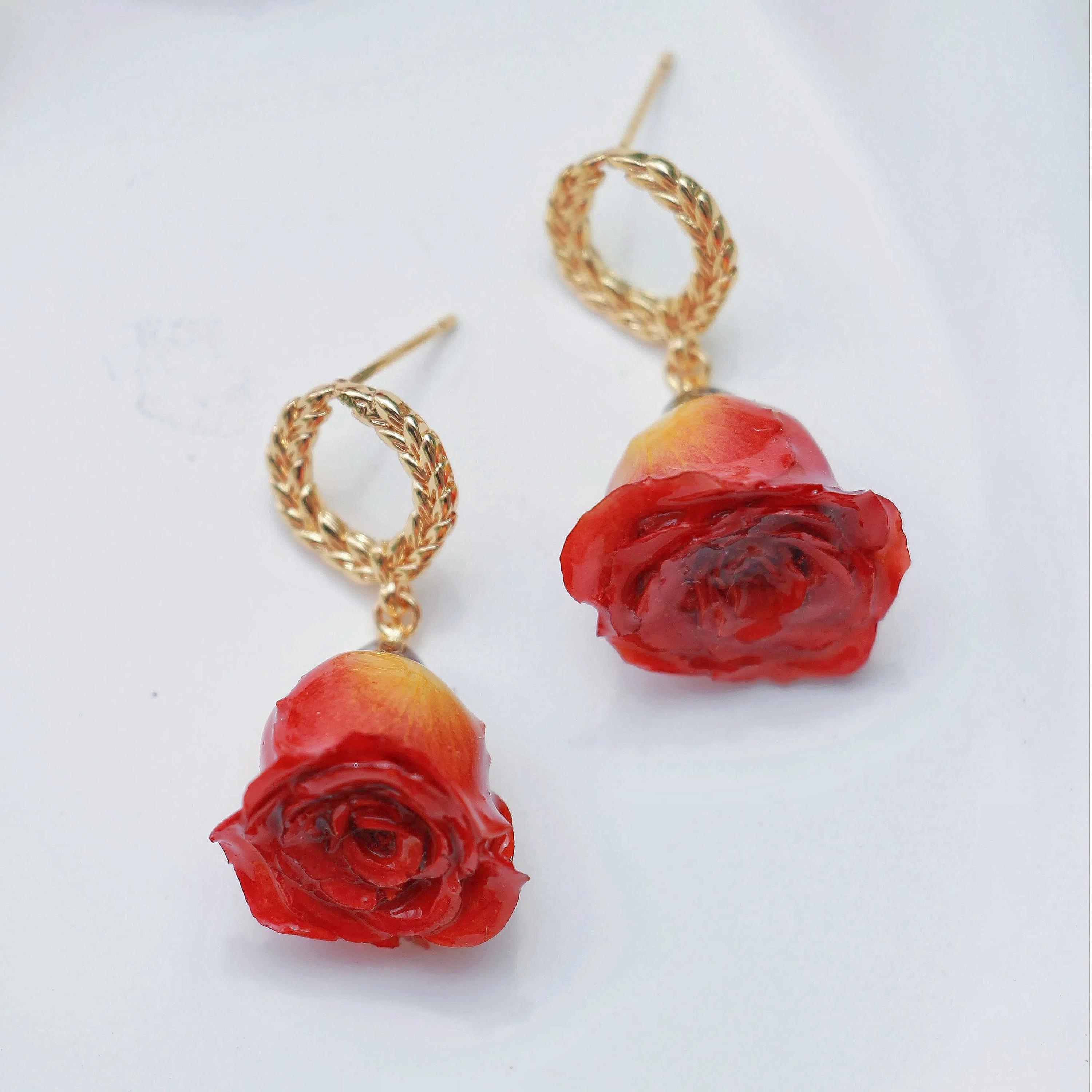 Real Red Rose Stud Earrings: Nature Inspired Jewelry, Unique Botanical ...