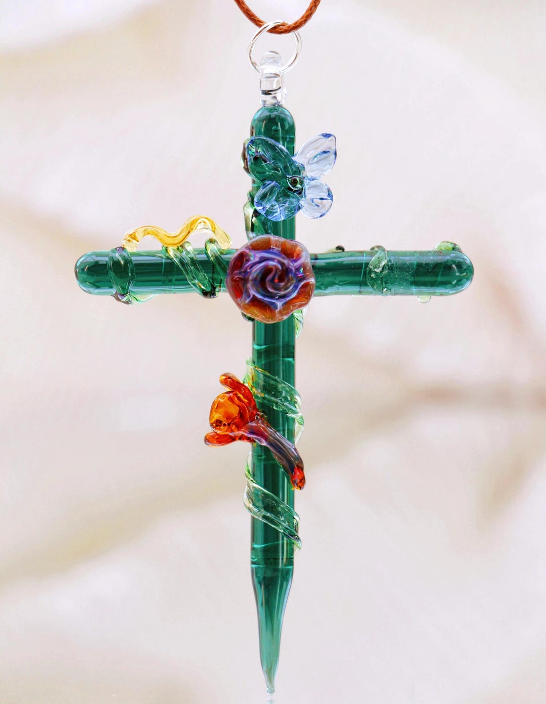 Hand Blown Glass Cross Pendant Necklace With Rose & Butterfly: Unique ...