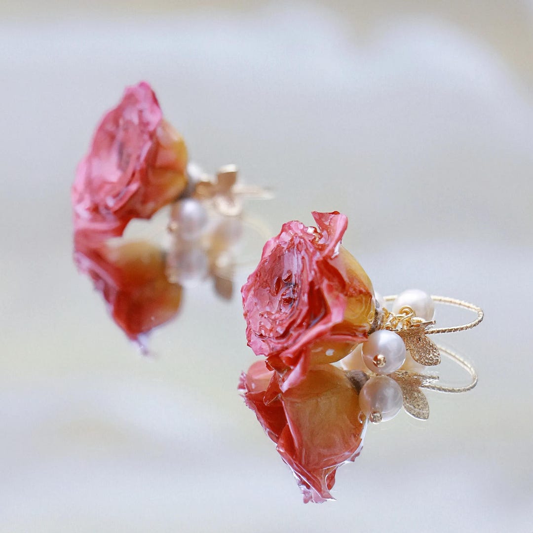 Handcrafted Red Rose Earrings: Made of Real Rose Flower, Nature ...