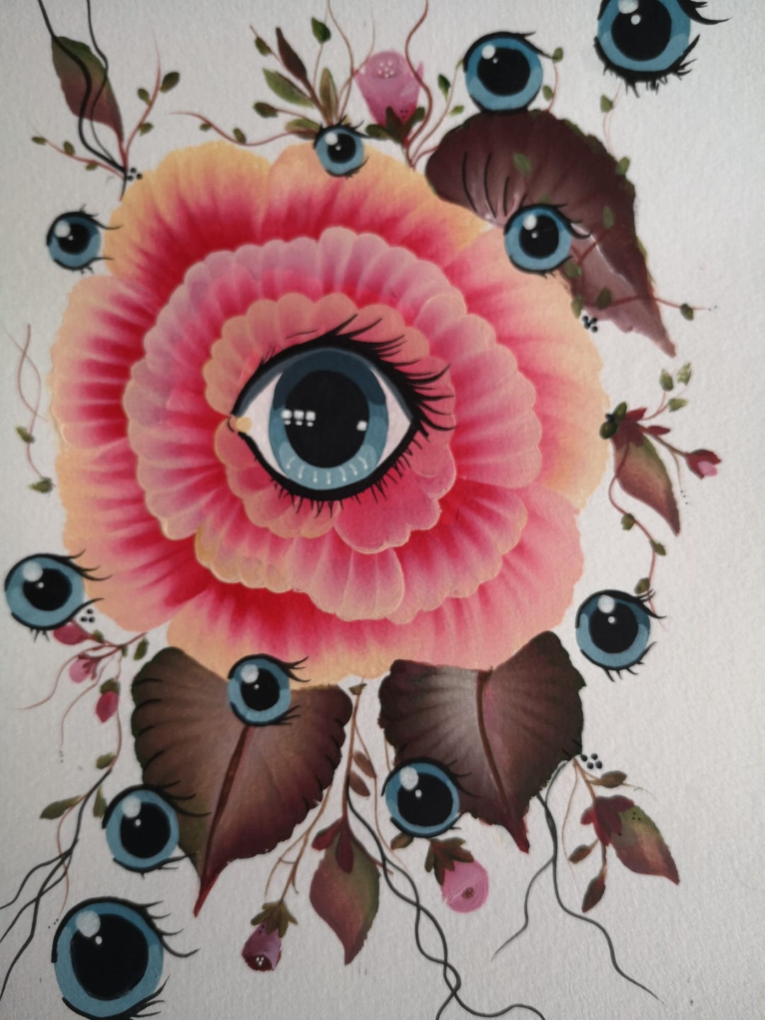Evil Eye and Rose Original Acrylic Painting A4 Size on Watercolour ...