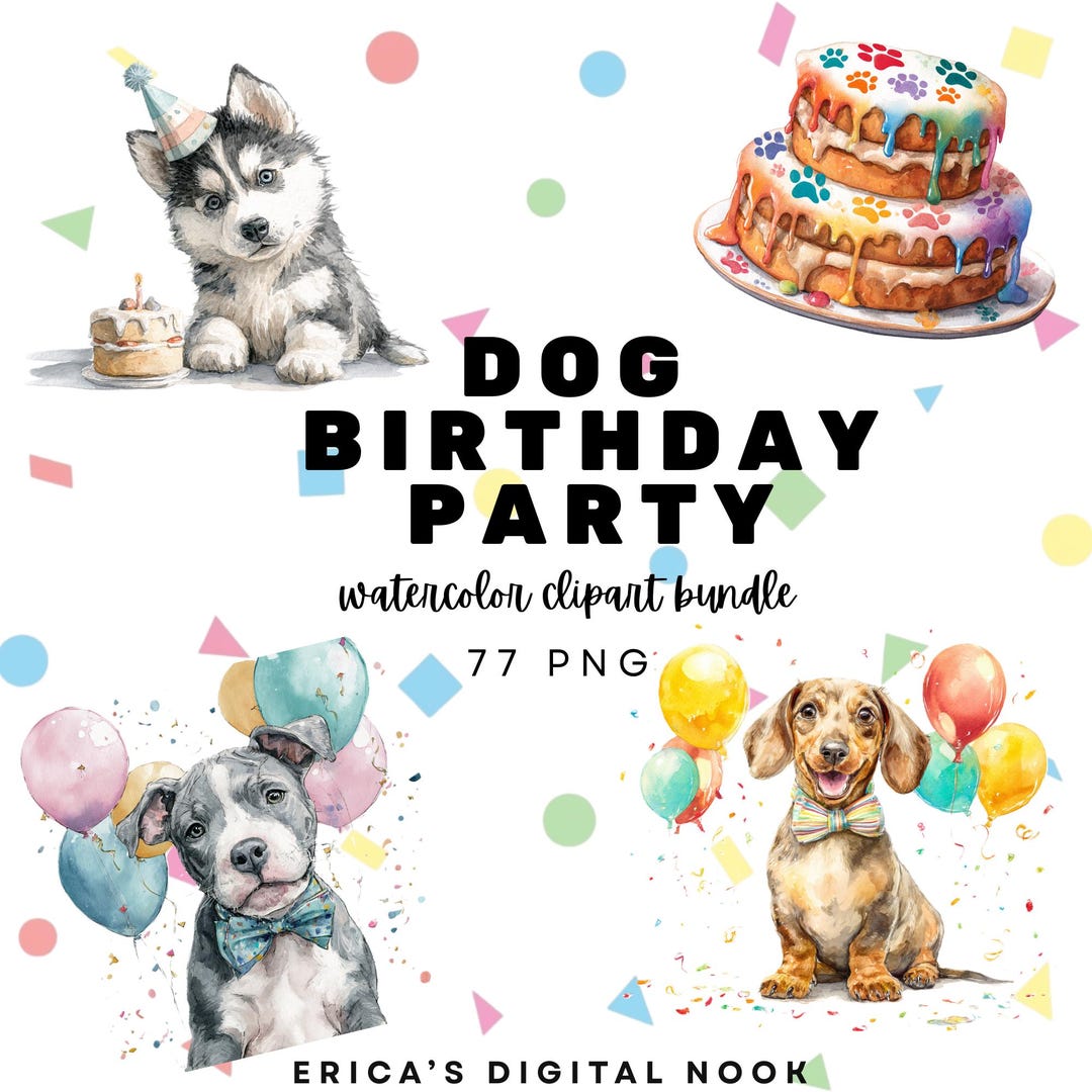 Dog Birthday Party Clipart Bundle, Puppy Watercolor, Seamless Patterns ...