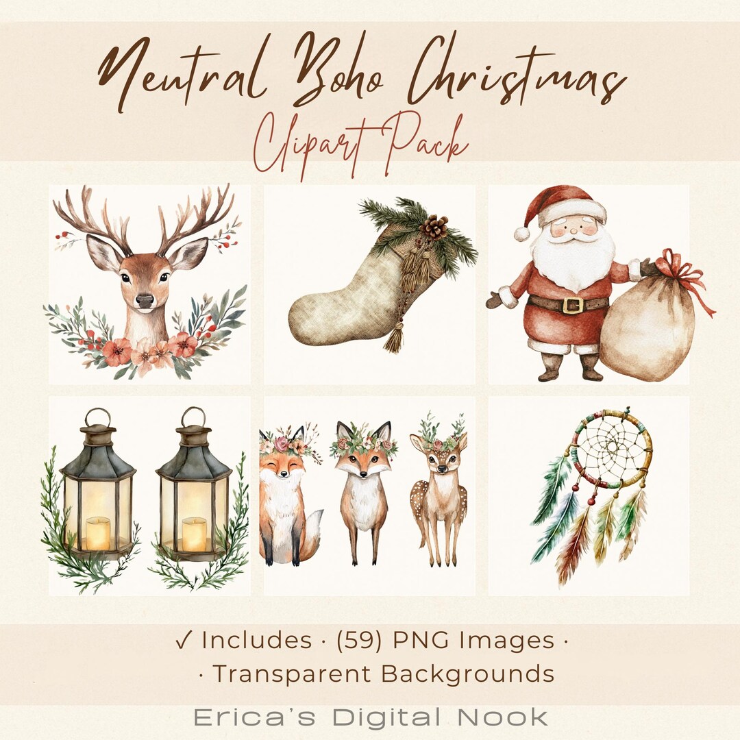 Rustic Boho Christmas Clipart Bundle, Watercolor PNG (digital Downloads ...