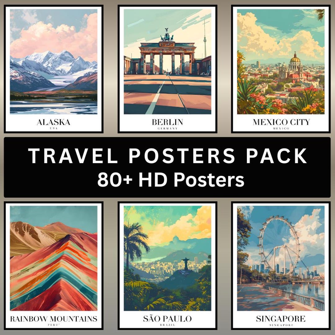 Travel Posters Bundle | Printable Digital Art Set | Famous Destinations ...