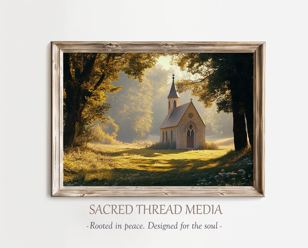 Printable Rustic Chapel Painting - Cottagecore Church Landscape, Earthy ...