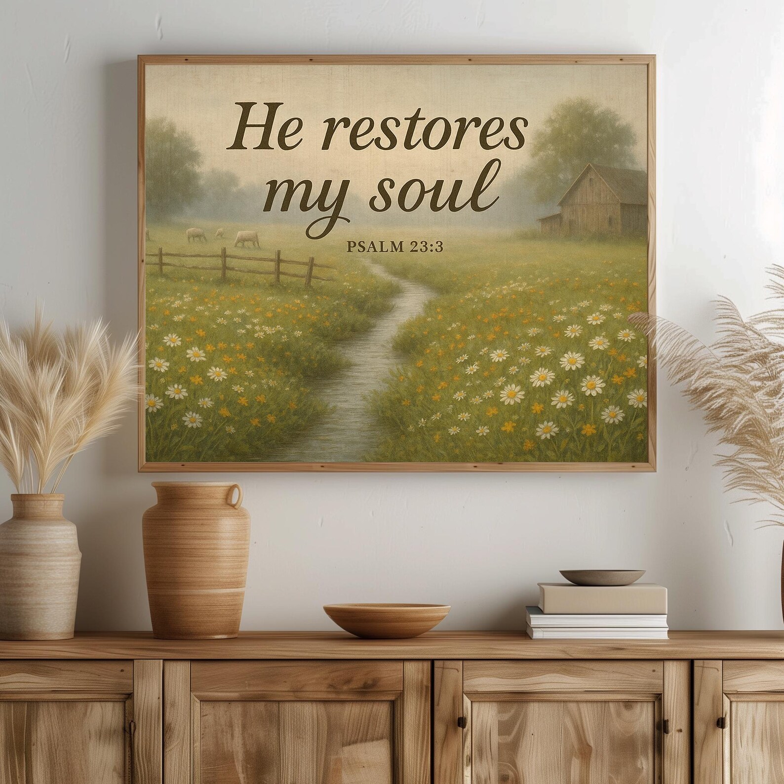 Rustic Psalm 23 Farmhouse Wall Art - Vintage Biblical Landscape ...