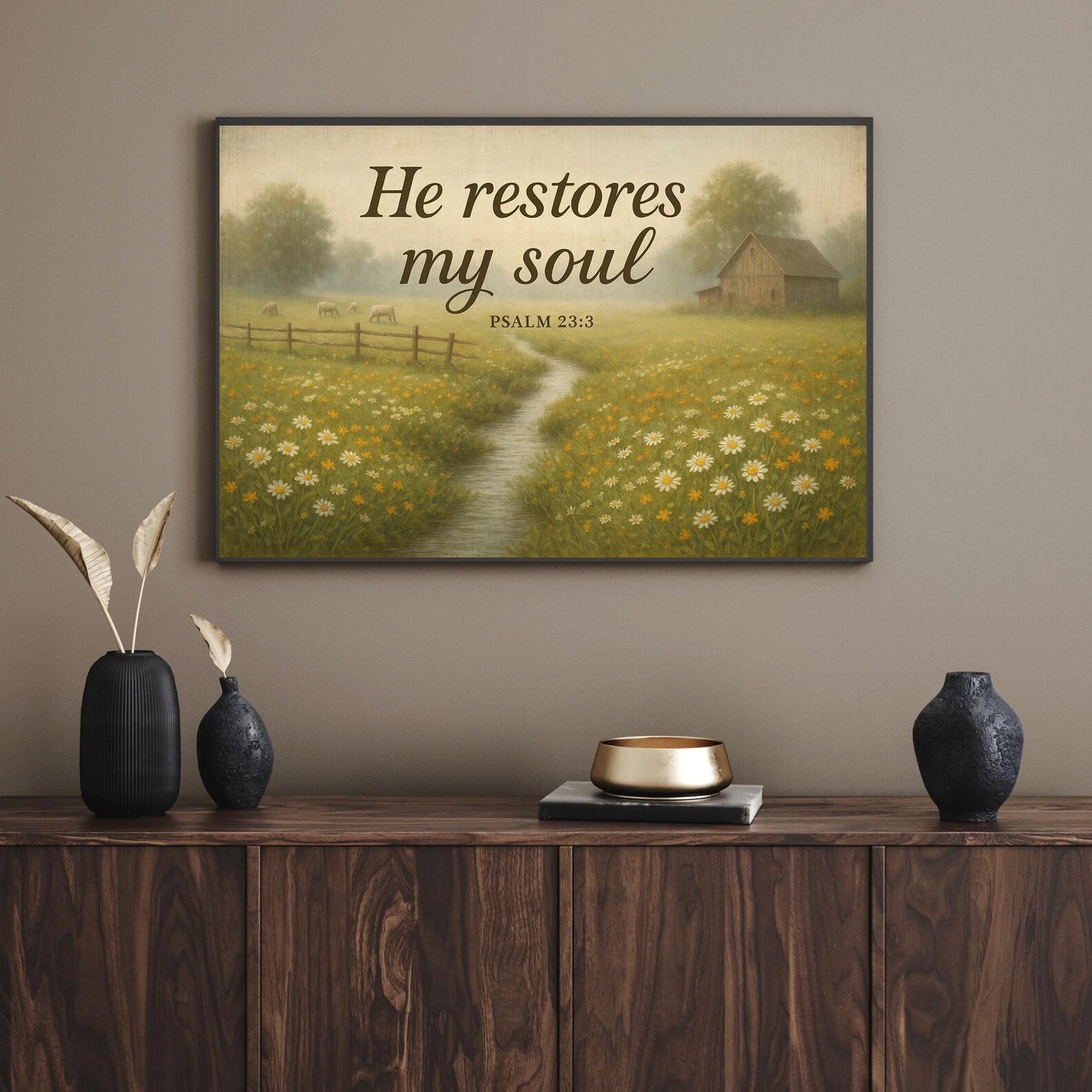 Rustic Psalm 23 Farmhouse Wall Art - Vintage Biblical Landscape ...
