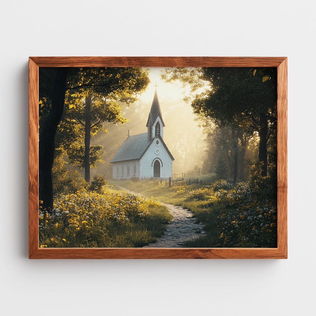 Rustic Chapel in Sunlit Forest Landscape - Pastoral Printable Art ...