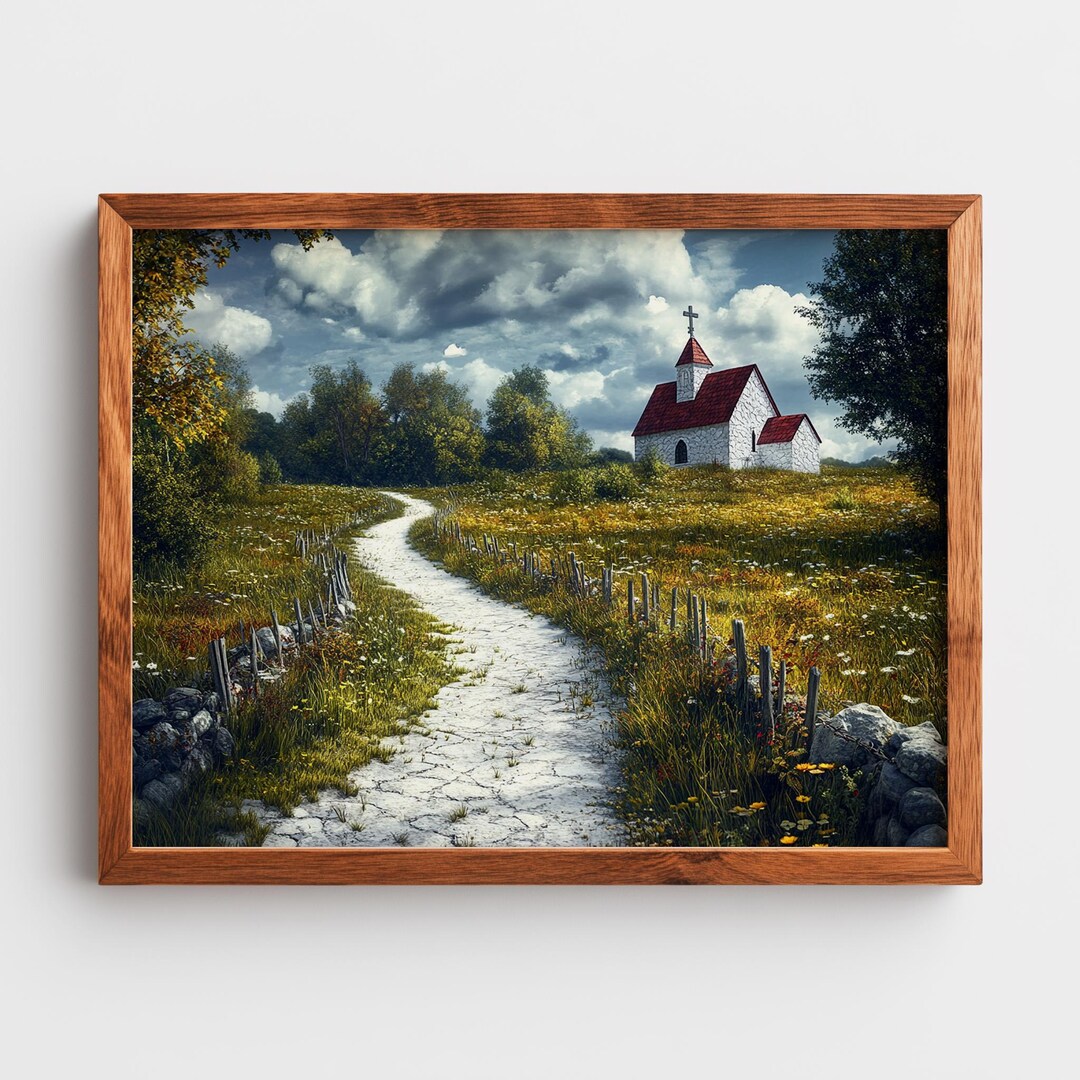 Rustic Country Church Landscape - Cottagecore Wall Art, Moody Pastoral ...