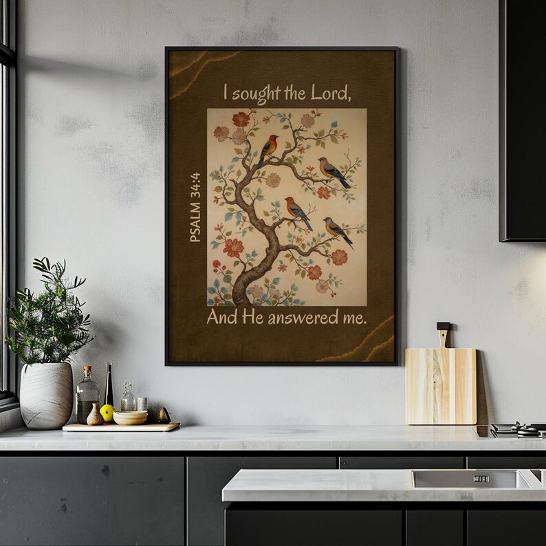 Inspirational Bible Quote Psalm 34:4 Poster - Rustic Vintage Scripture ...