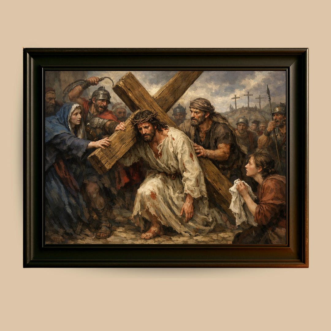 Somber Christ Carrying the Cross Painting - Vintage Religious Wall Art ...