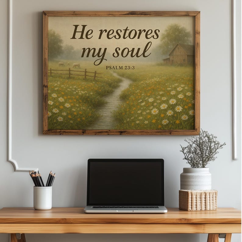 Rustic Psalm 23 Farmhouse Wall Art - Vintage Biblical Landscape ...