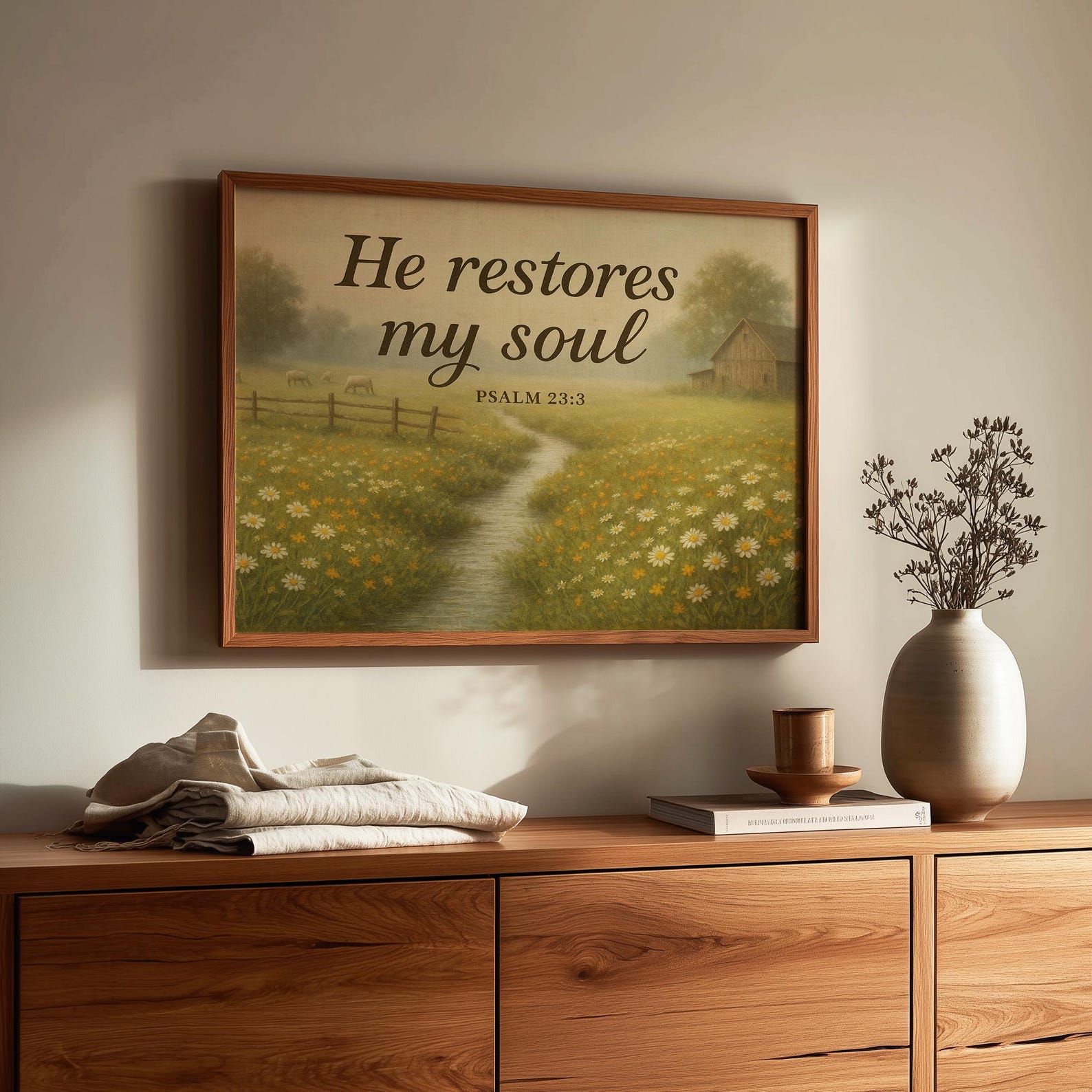 Rustic Psalm 23 Farmhouse Wall Art - Vintage Biblical Landscape ...