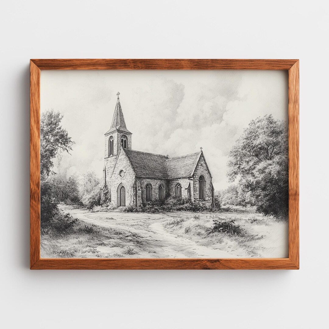 Moody Vintage Church Landscape Printable - Rustic Cottagecore Pastoral ...