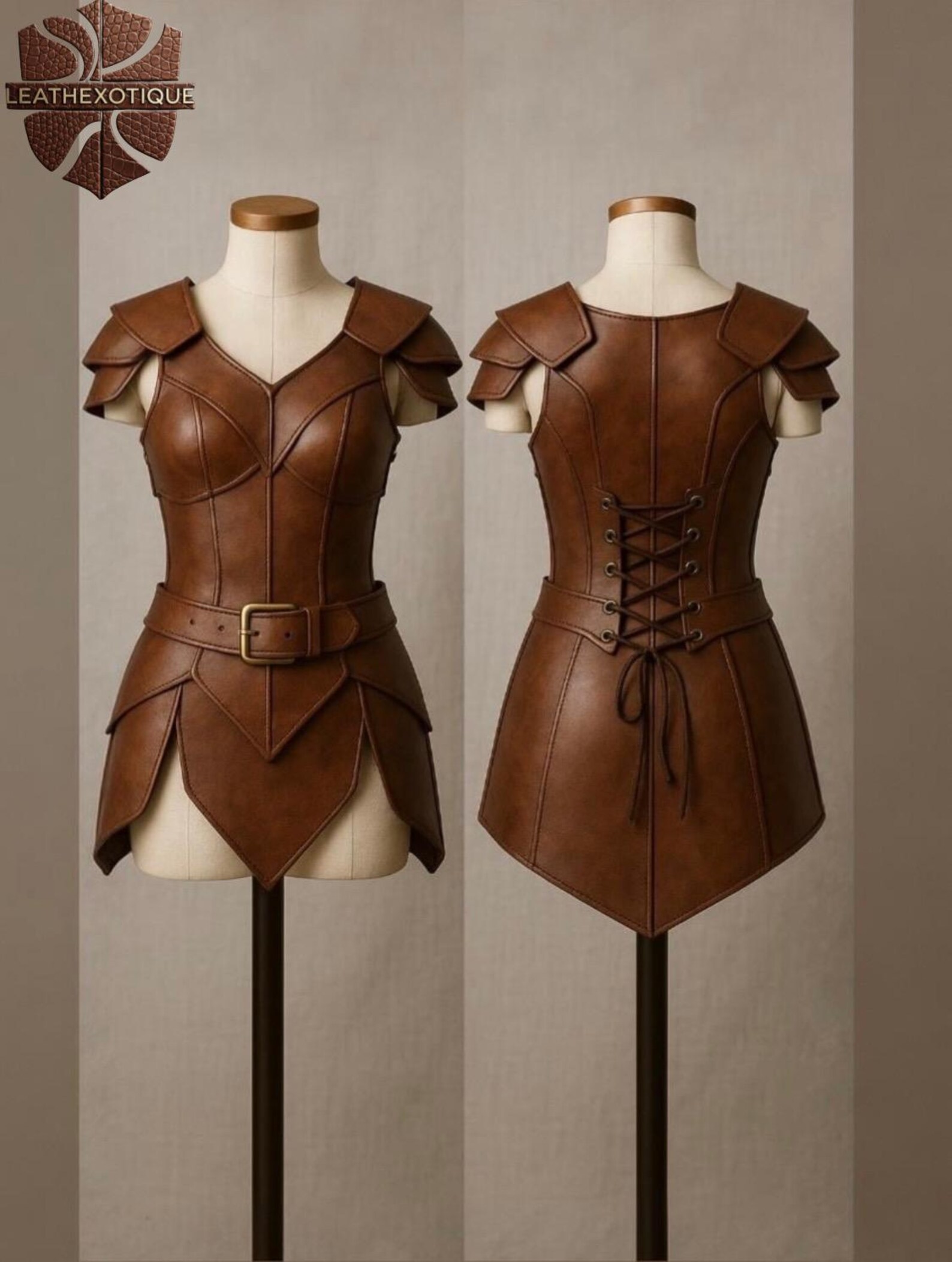 Handmade Brown Leather Corset Dress – Warrior LARP Armor With Pauldrons ...