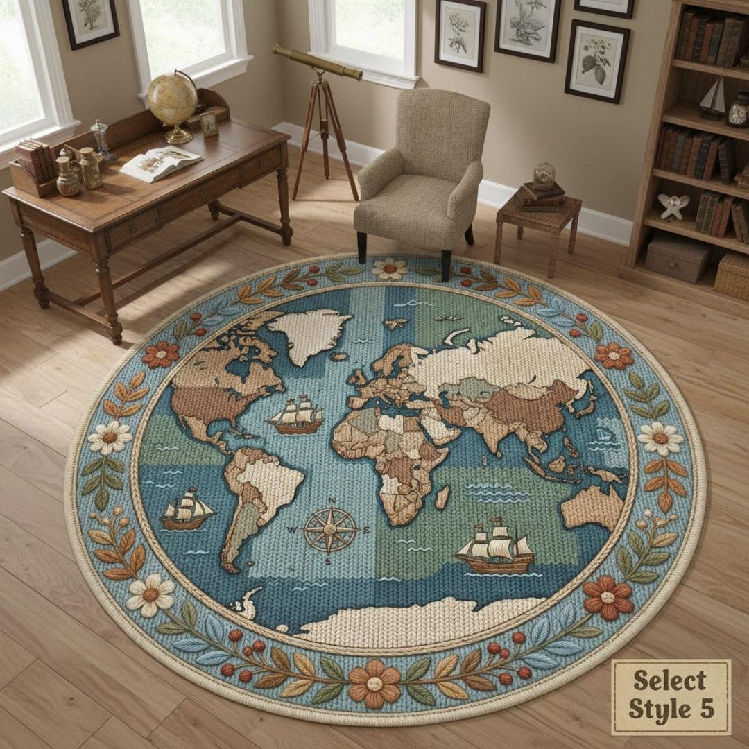 World Map Round Rug, Educational Nursery Floor Mat, Kids Playroom Area ...