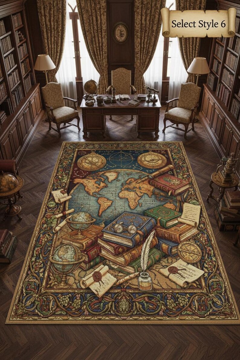 Bookish Library Rug, Dark Academia Decor, Vintage Map Print, Science ...